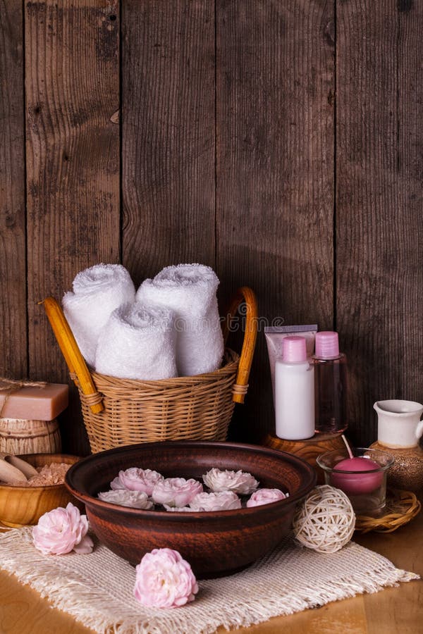 Spa with roses stock photo. Image of natural, bottle - 38444644