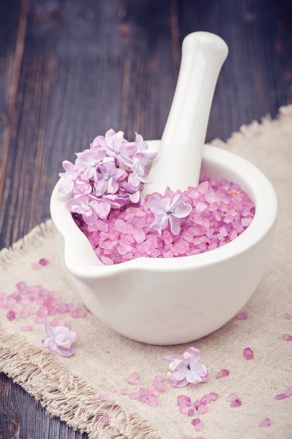 Spa with Sea Salt and Lilac Flowers Stock Image - Image of health ...