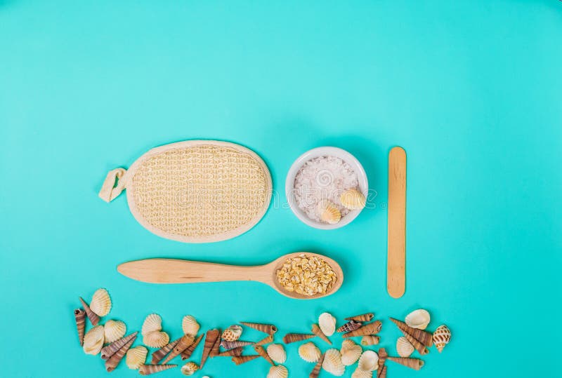 Spa Sea Salt, Shells on Blue Background. Stock Image - Image of peeling ...