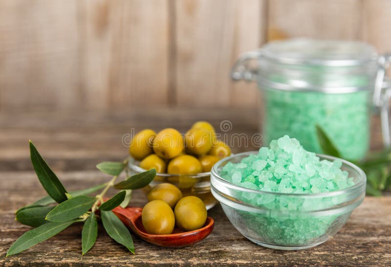 Spa Sea Salt on the Test Table. Sea Salt with Olive Extract on the ...