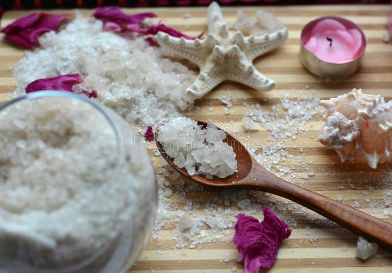 Spa sea salt stock image. Image of candle, healthy, pink - 110257671