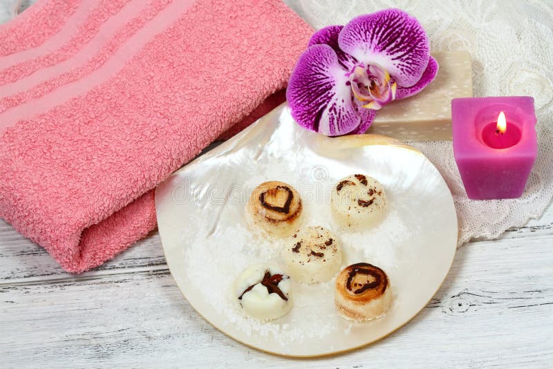 Spa Set Massage with Sugar Scrub Bars on the Shell Stock Image - Image ...