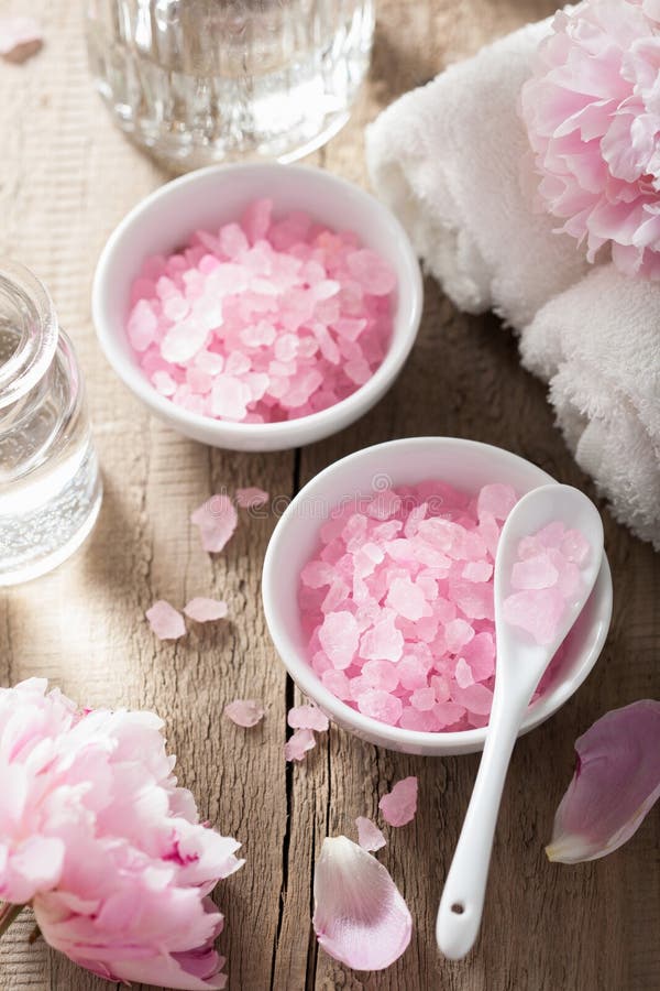 Spa Set with Peony Flowers and Pink Herbal Salt Stock Photo - Image of ...