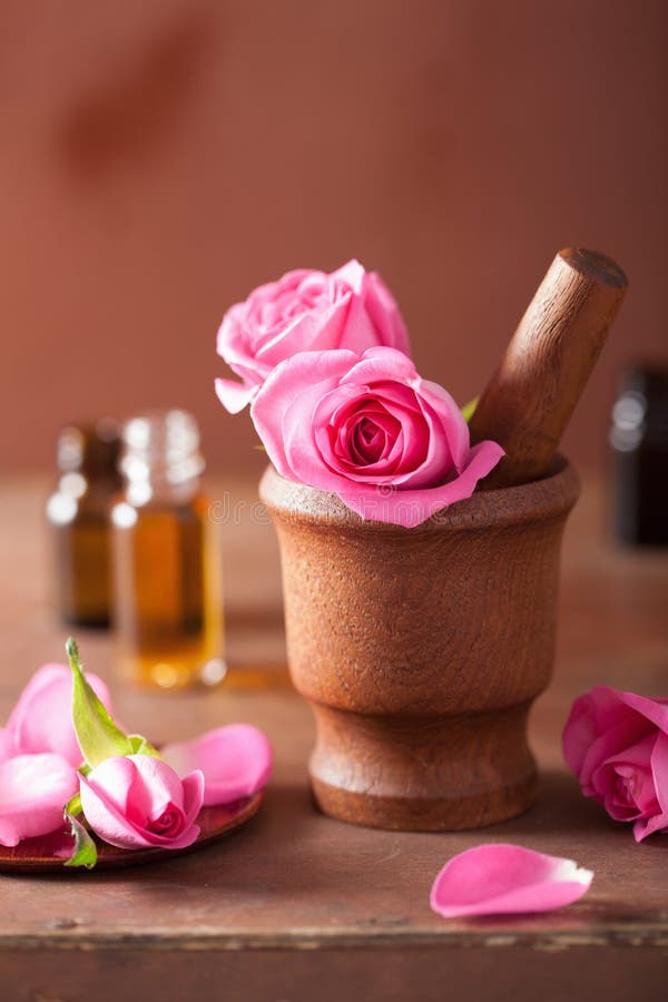 Spa Set Rose Flowers Mortar and Essential Oil Stock Image - Image of ...