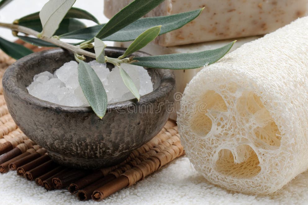 Spa set with sea salt stock image. Image of luff, healthcare - 19662017