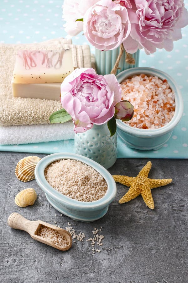 Spa Set: Sea Salt, Bars of Handmade Soap, Towels Stock Photo - Image of ...