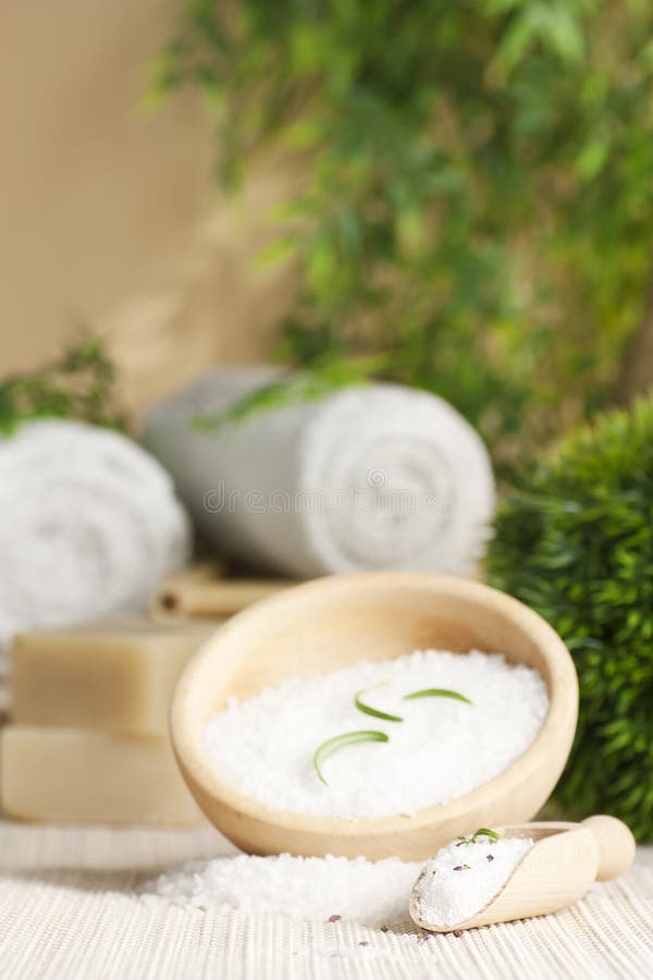 Spa setting with bath salt stock image. Image of close - 19058627