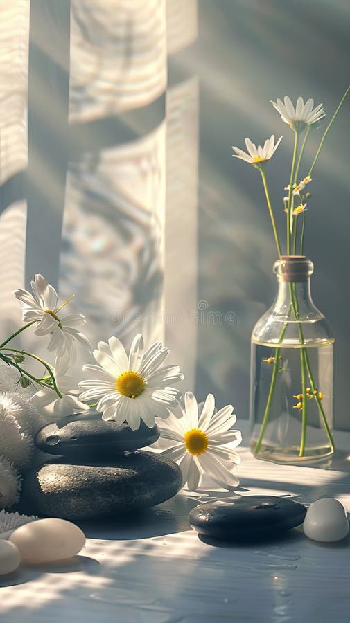 Spa Setting with Daisies and Zen Stones, Soft Sunlight, Relaxation ...