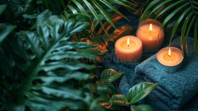 Spa Setting with Lit Candles and Green Foliage, Relaxation and ...