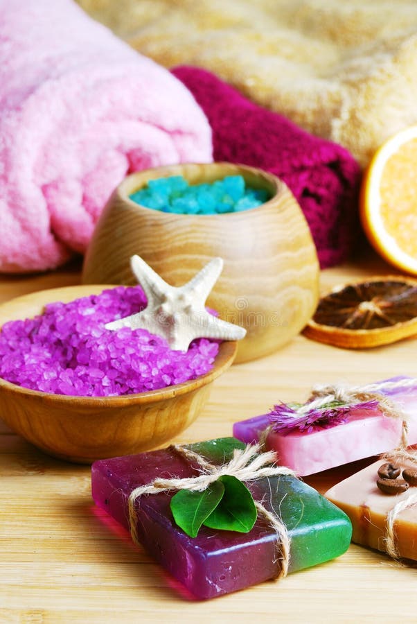 Spa Setting with Natural Soap and Sea Salt Stock Image - Image of ...