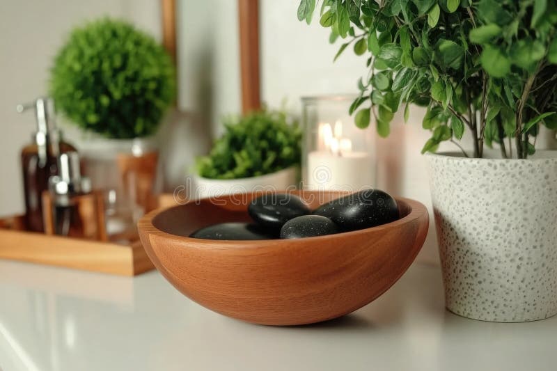 Spa Setting with Smooth Black Stones in Wooden Bowl and Greenery Stock ...
