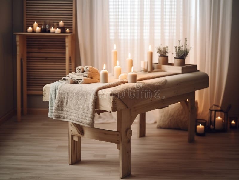 Spa Setting with a Wooden Massage Table Stock Illustration ...