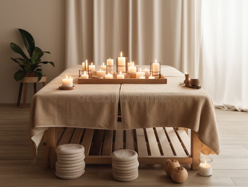 Spa Setting with a Wooden Massage Table Stock Illustration ...