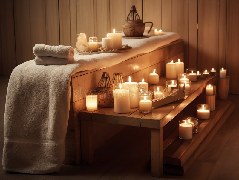 Spa Setting with a Wooden Massage Table Stock Illustration ...