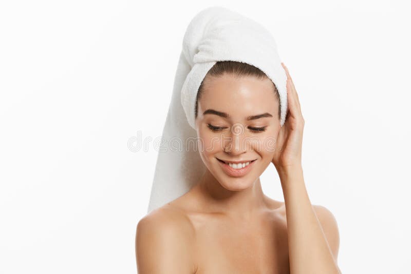Spa Skin Care Beauty Woman Wearing Hair Towel After Beauty Treatment
