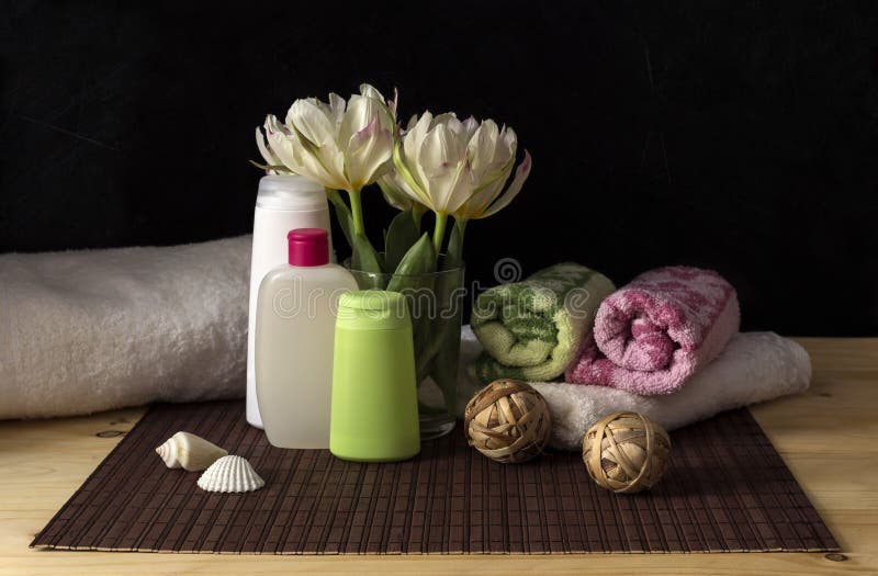 Spa still life stock image. Image of liquid, items, black - 95527705