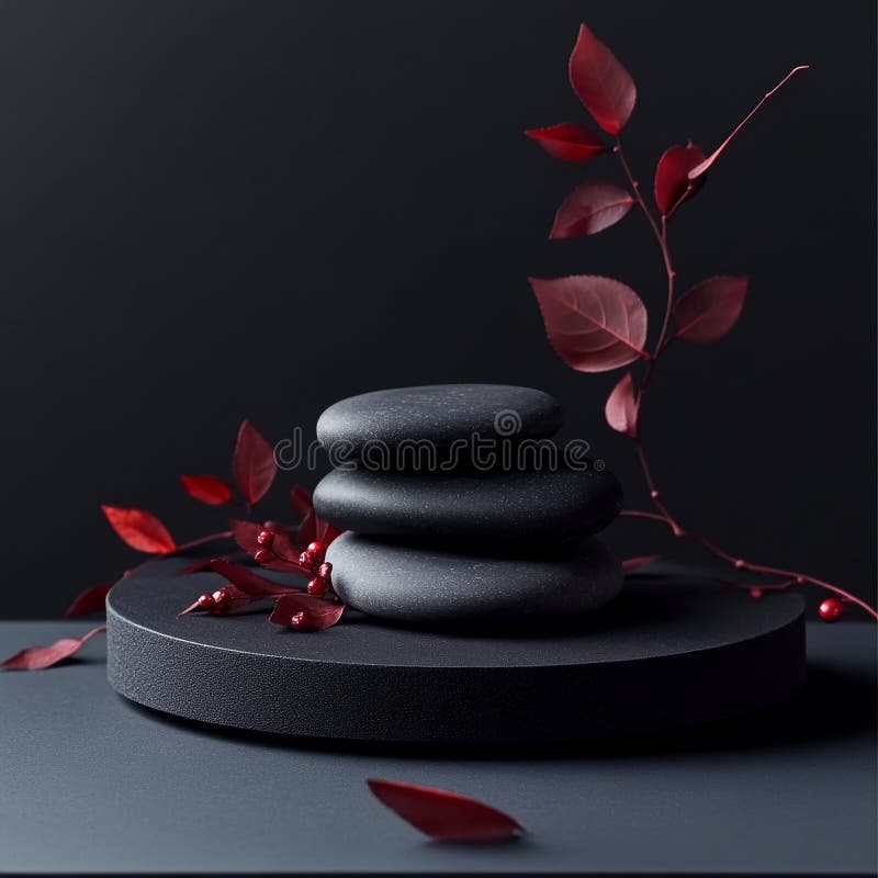 Spa Stones and Red Leaves on a Black Background. 3d Render Stock ...
