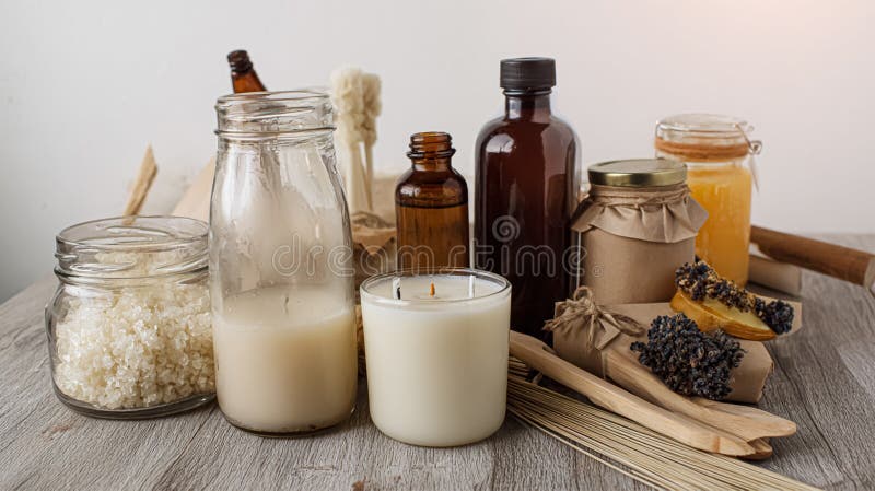 Spa Table Setting with Organic Product Paper Box Aerial View. Stock ...