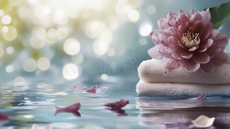Spa Towel with Lotus Flower and Petals on Water, Spa Background Stock ...