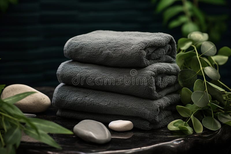 Spa Towel Stack on Black Table on Bathroom Interior. Generative AI ...