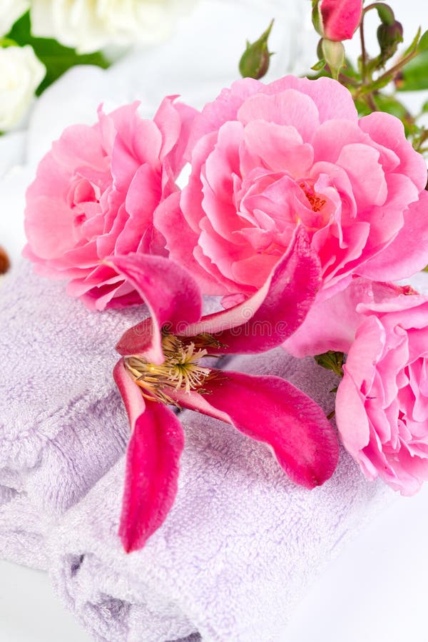 Spa Towels with Roses on White Background Stock Image - Image of ...