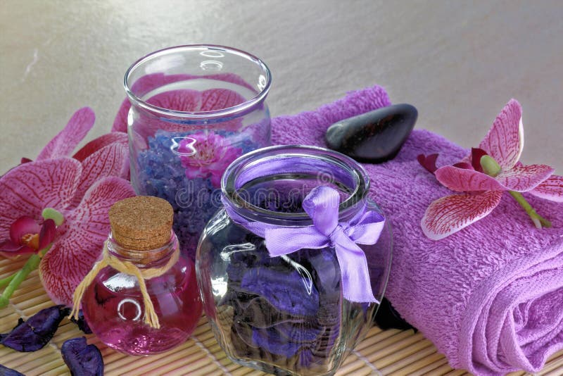 Spa Treatment Setting with Purple Theme Stock Photo - Image of natural ...