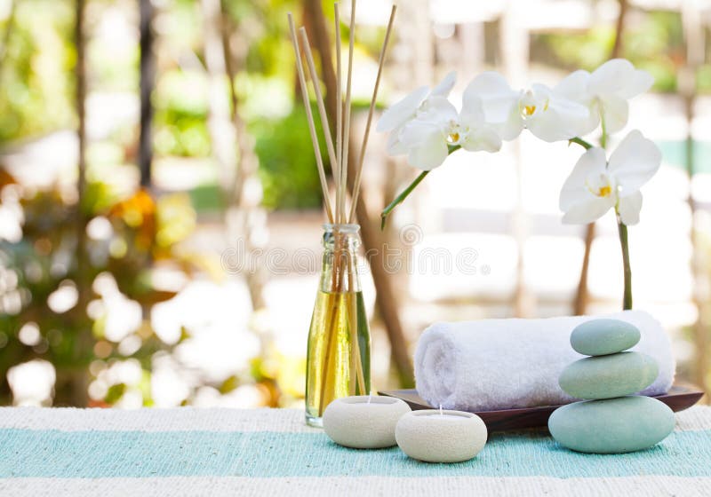 Spa And Wellness Massage Setting Still Life With Candle Towel And