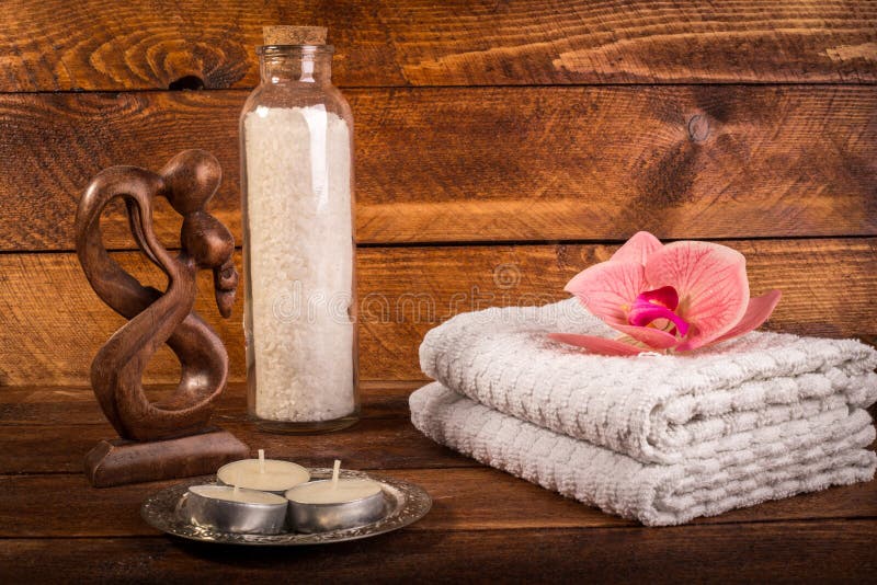 Spa Or Wellness Set White Sea Salt In White Glass Bottle Candle
