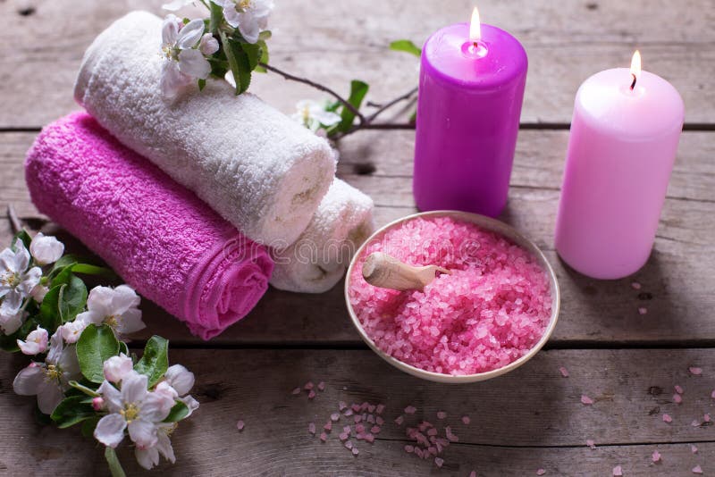 Spa Or Wellness Setting Sea Salt In Bowl Towels Candles And Stock