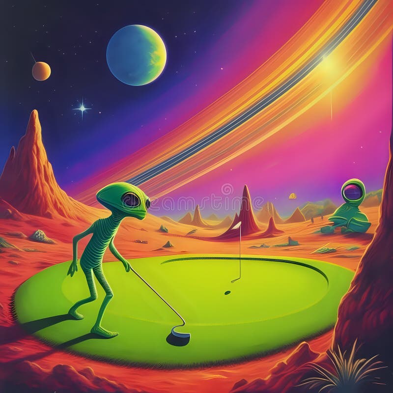 Space Aliens Playing Golf in a Brightly Colored Space Scene - Generated ...