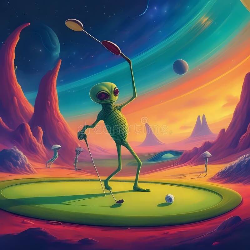 Space Aliens Playing Golf in a Brightly Colored Space Scene - Generated ...