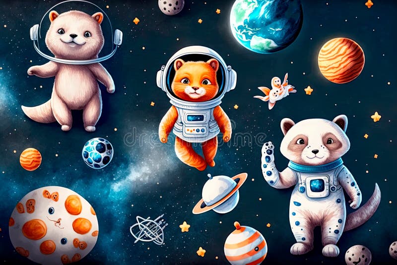 Space Animals Set. Astronaut in Spaceship, Cartoon Animal Stock ...