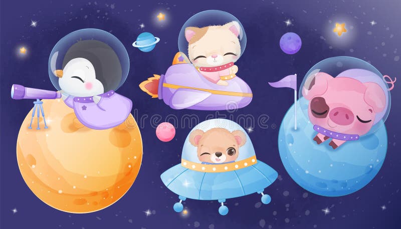Space Animals in Watercolor Illustration Stock Illustration ...