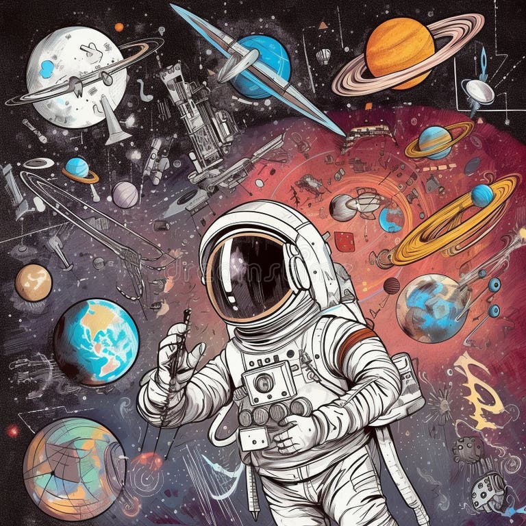 Space Art, Celestial Objects with Astronaut and Planets Stock Image ...