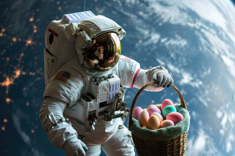 A Space Astronaut Hold Easter Eggs in Basket. Earth Planet Background ...