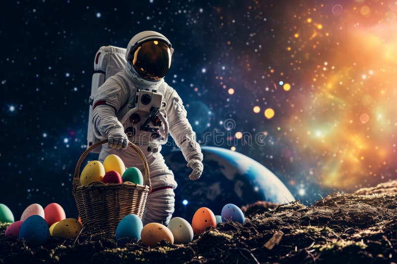 A Space Astronaut Hold Easter Eggs in Basket. Earth Planet Background ...