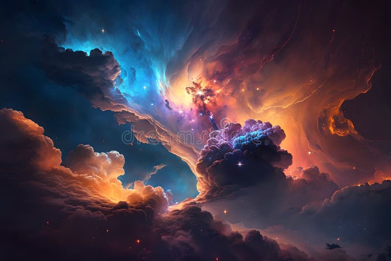 Space Background with Galaxy and Nebula in Blue and Orange Clouds ...