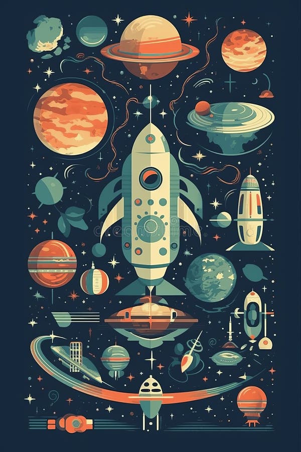 Space Background with Spaceships, Planets and Stars. Flat Retro Style ...