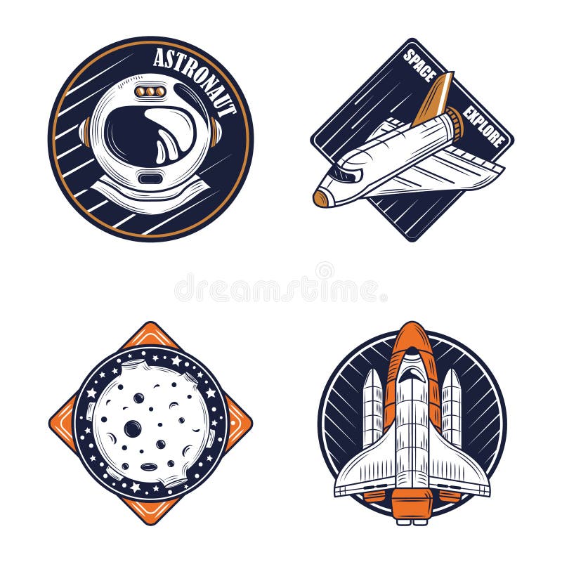 Space Badge Icons Set Helmet Rocket and Moon Stock Vector ...