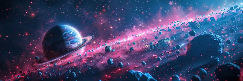 Space Banner Planet with Rings in Space with Small Asteroids Around in ...