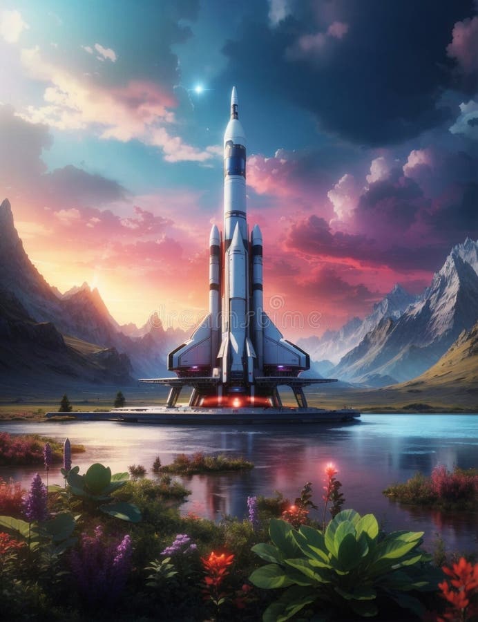 Space Base on Alien Planet, Lake and Plants, Sky with Clouds ...