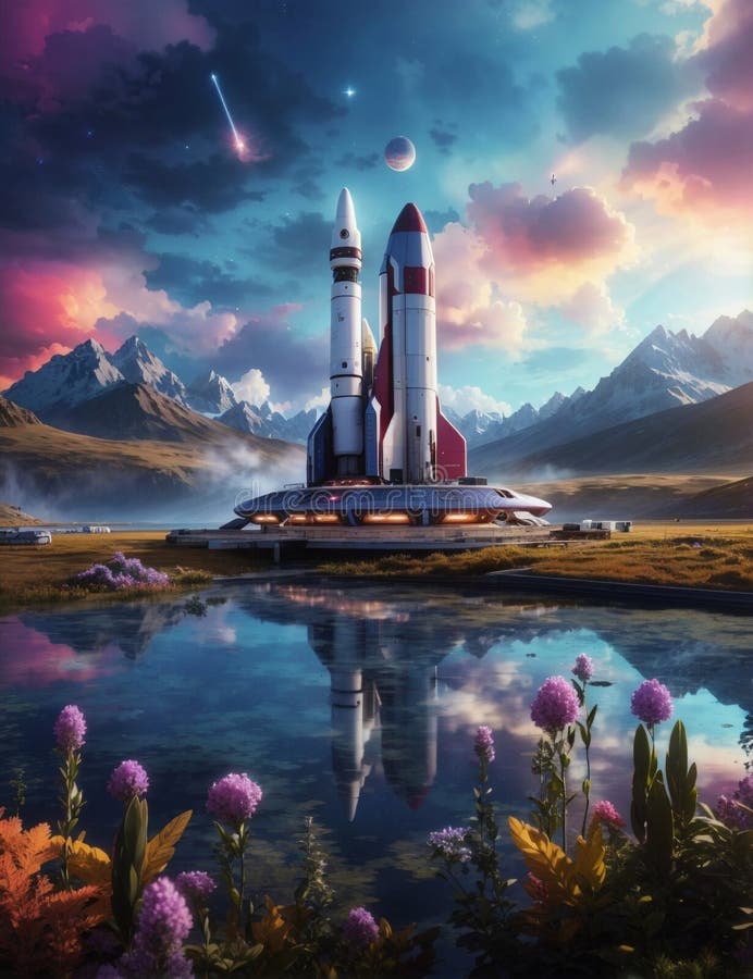 Space Base on Alien Planet, Lake and Plants, Sky with Clouds ...