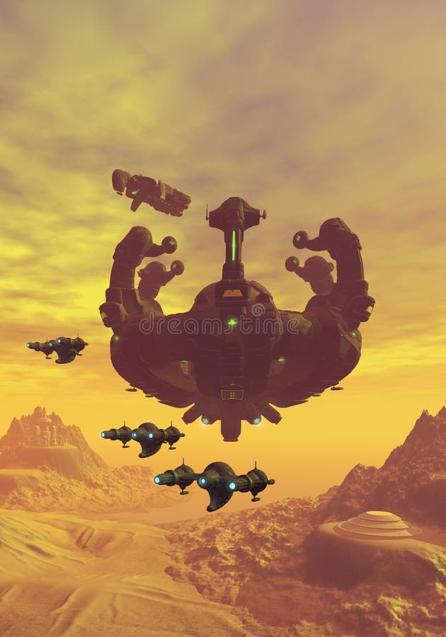 Space Base and Spaceship on a Alien Planet with Mountains and Desert ...