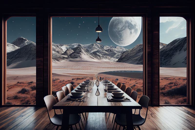 Space with Big Dining Table on Chalet Located by Window Against ...