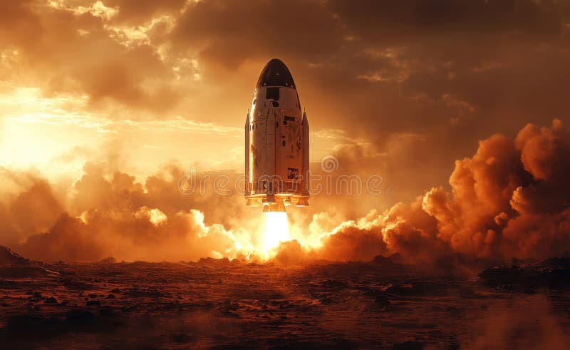 Majestic Ascent of a Space Capsule Lifting Off from the Surface of Mars ...