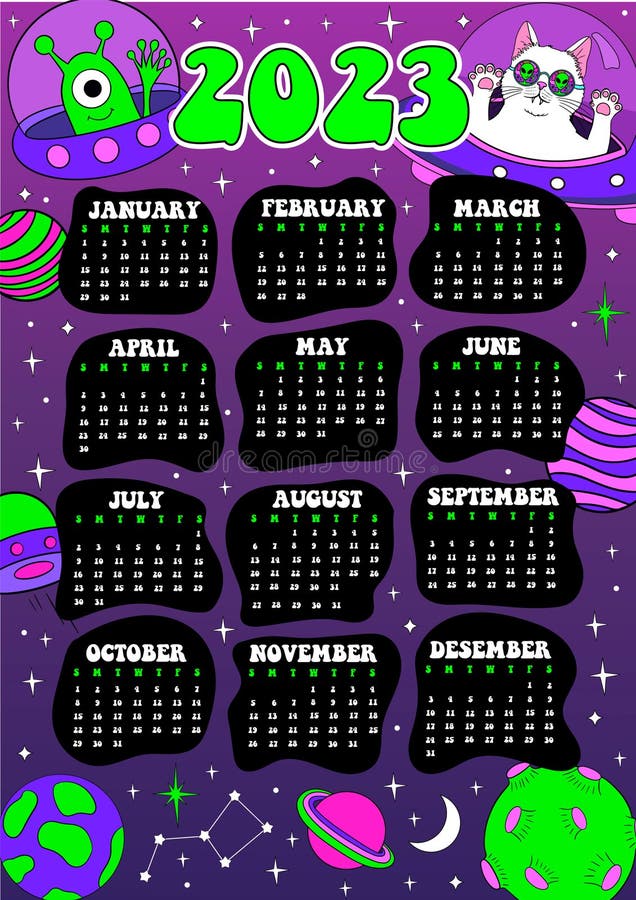 Space Cartoon 2023 Calendar Year Creative Psychedelic Vector Poster ...