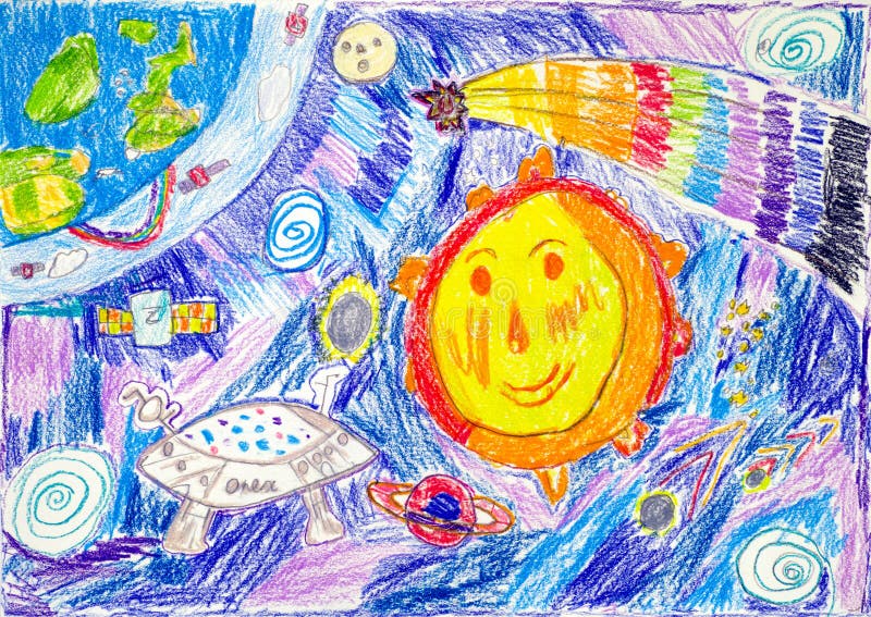 In Space. Child Pencil Hand Drawing Stock Photo - Image of imagination ...
