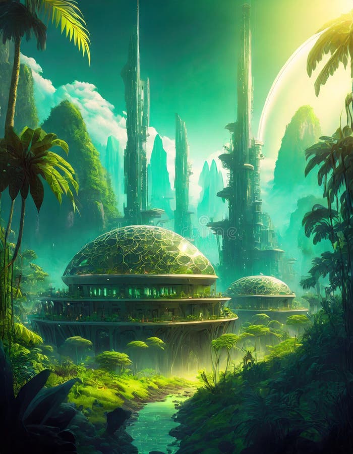 A Space Colony on a Green Planet Stock Illustration - Illustration of ...
