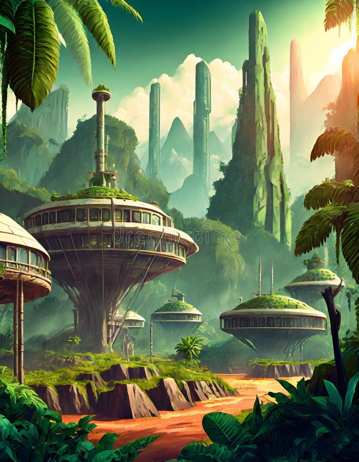 A Space Colony on a Green Planet Stock Illustration - Illustration of ...