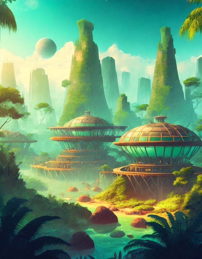 A Space Colony on a Green Planet Stock Illustration - Illustration of ...